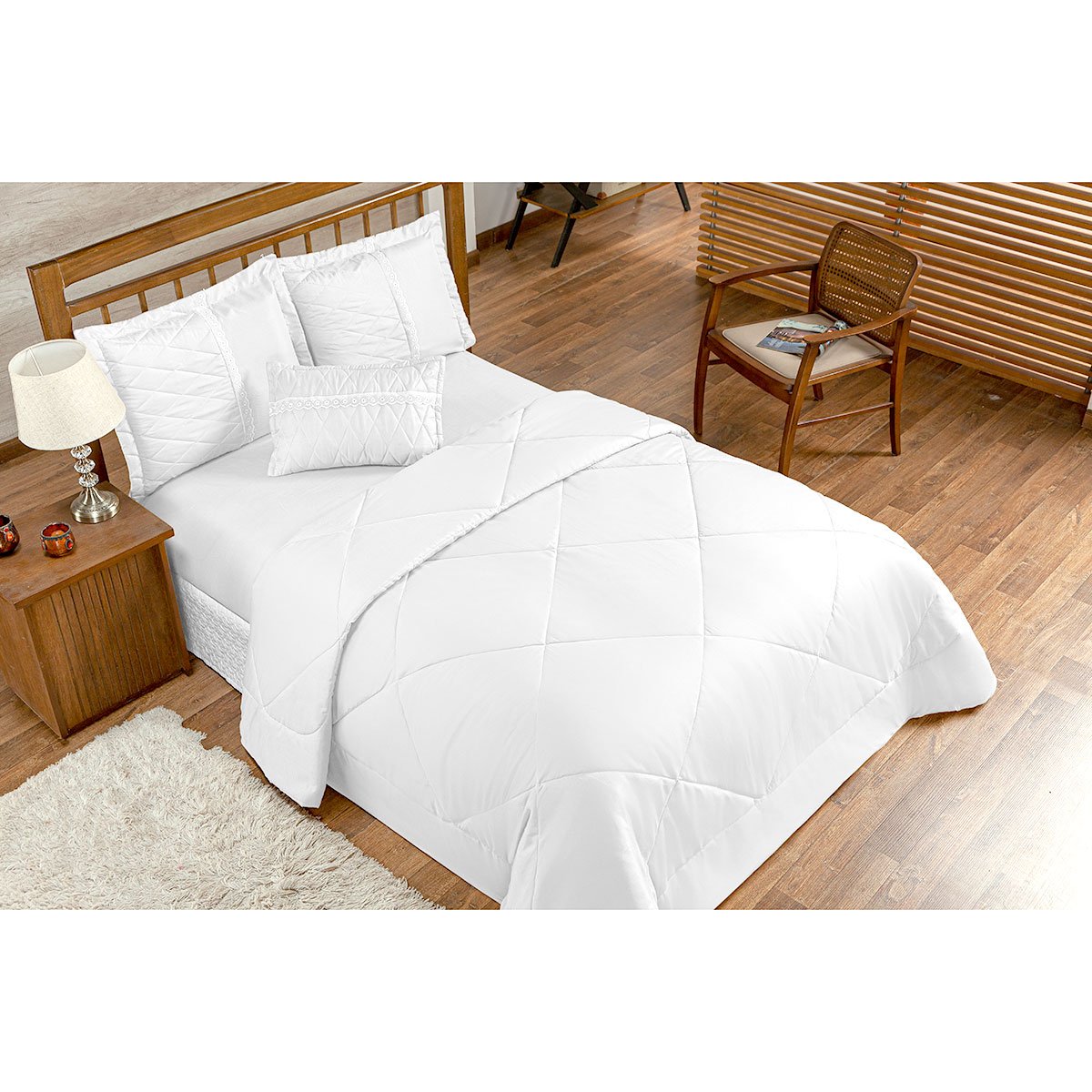 Kit Edredom Branco Queen Dupla Face 6 Peças com Almofada Decorativa ...