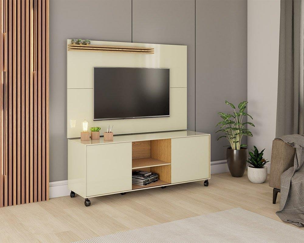 Rack e Painel Greco Off White com Madeirado - JM3 | MadeiraMadeira