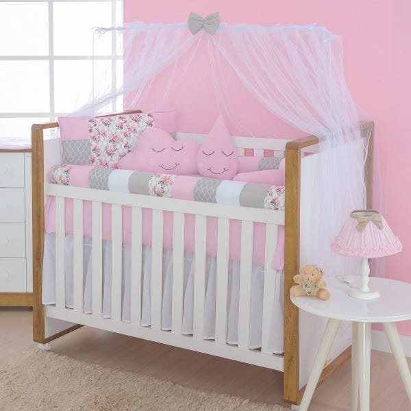 Kit de Berço Rolinho Floral rosa com cinza cor 108 | MadeiraMadeira