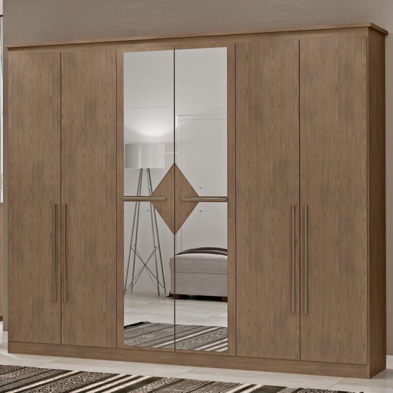 Roupeiro de Casal Rhodes 6 Portas Com Espelho Nogal MX | MadeiraMadeira