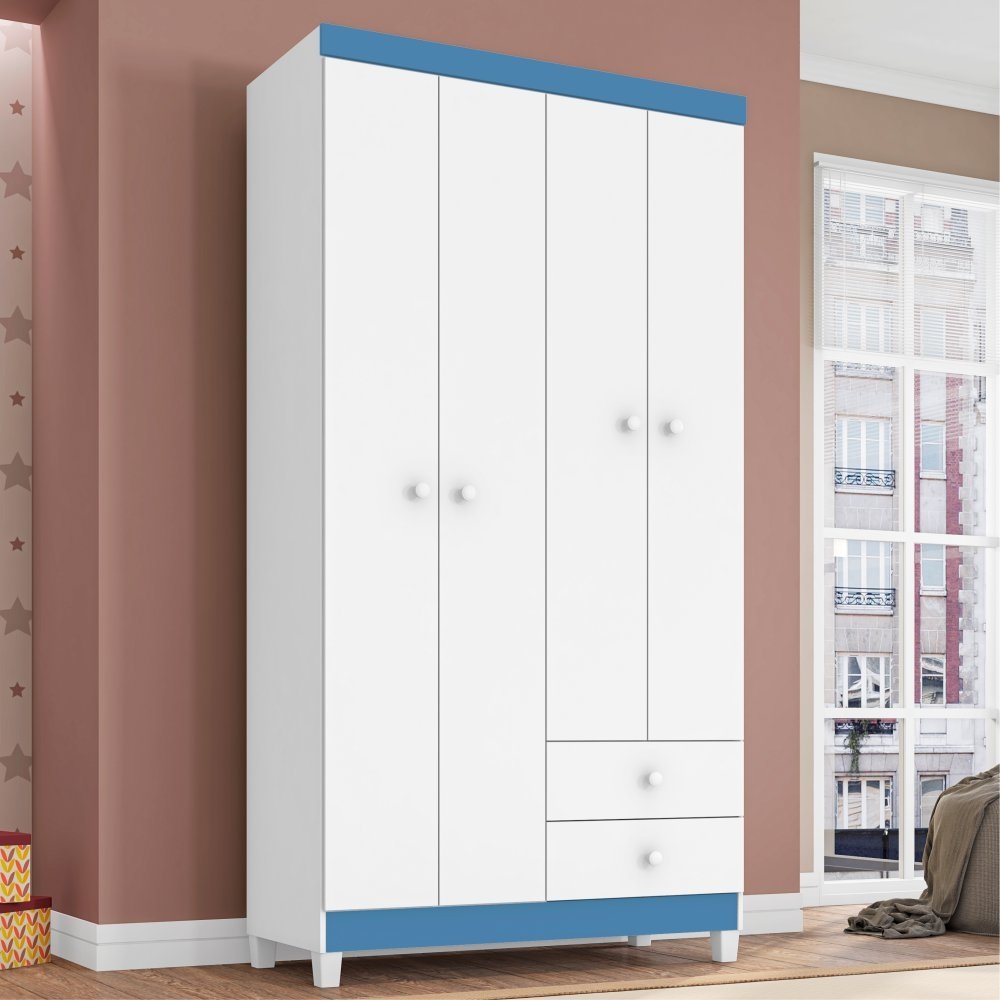Guarda-Roupa Roupeiro Infantil 4 Portas Madalena Branco Flex Azul/Rosa ...
