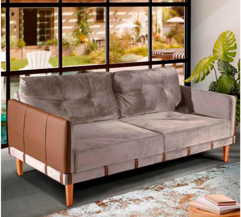 Sofá de 2m Living Fixo Boutique Luxuoso Confortavel Veludo Bege Pés ...