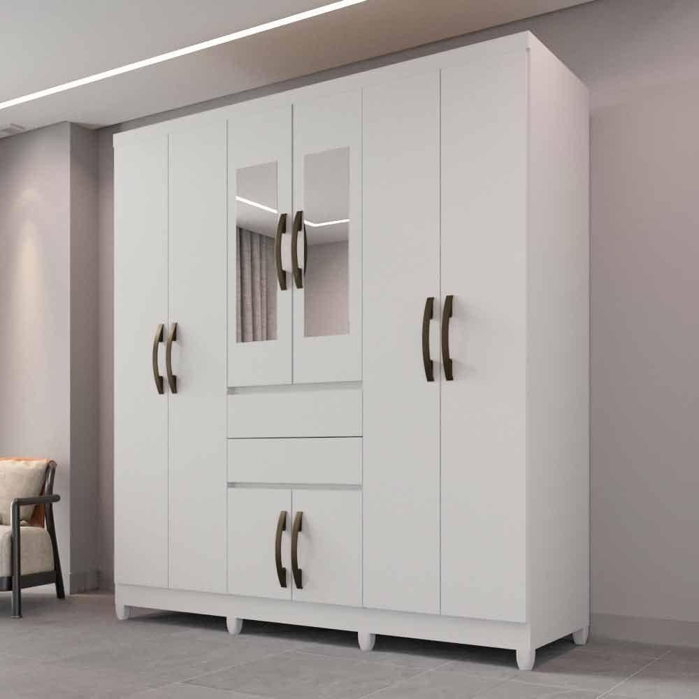 Guarda-Roupa 8 Portas 2 Gavetas Com EspelhoBranco | MadeiraMadeira