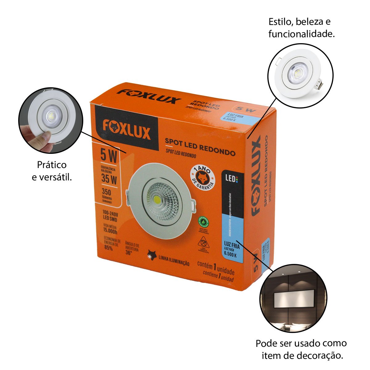 Kit 10 Luminaria Foxlux Spot Led 5W Redondo 6500K Bivolt | MadeiraMadeira