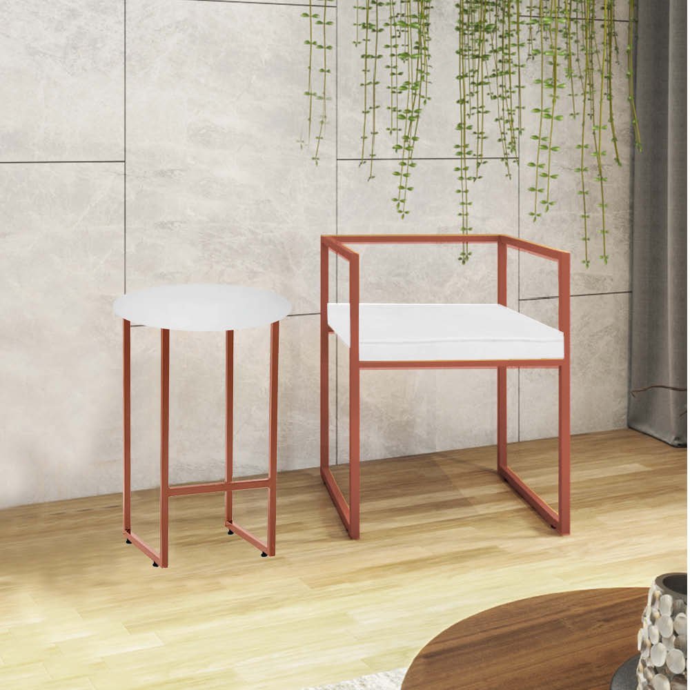 Kit Poltrona Cubo com Mesa Will Ferro Bronze Tampo Redondo Branco Suede ...