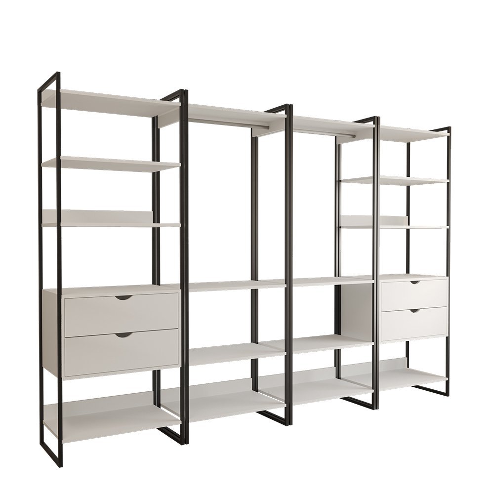Closet Industrial Casal Completo Loft Branco 4 Módulos Cabideiro com Gavetas Ferro Preto ...