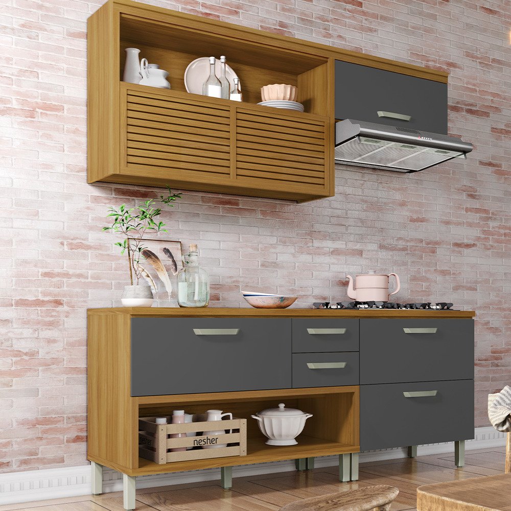 Cozinha Princesa 100% MDF 3 Peças Freijó/Grafite Nesher 200cm ...