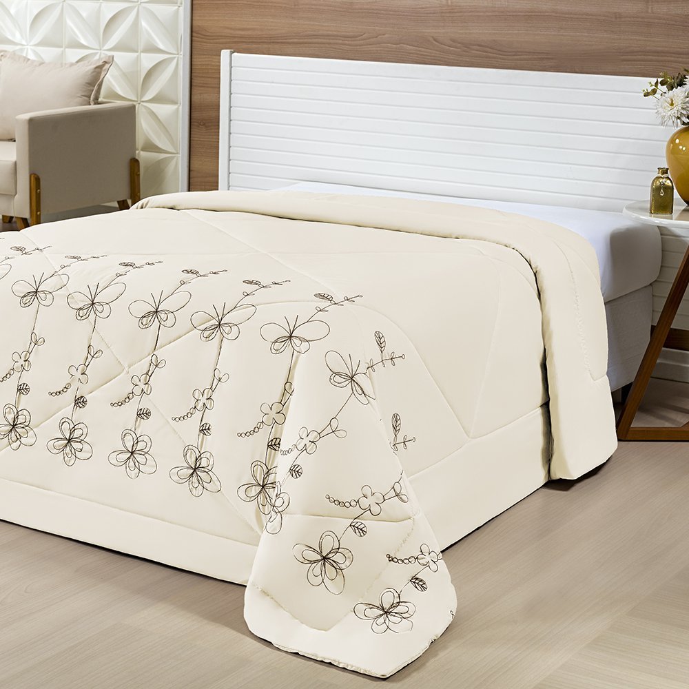 Edredom c/ Bordado Casal Queen Dupla Face Avulso Palha - MICROPERCAL 200F | MadeiraMadeira