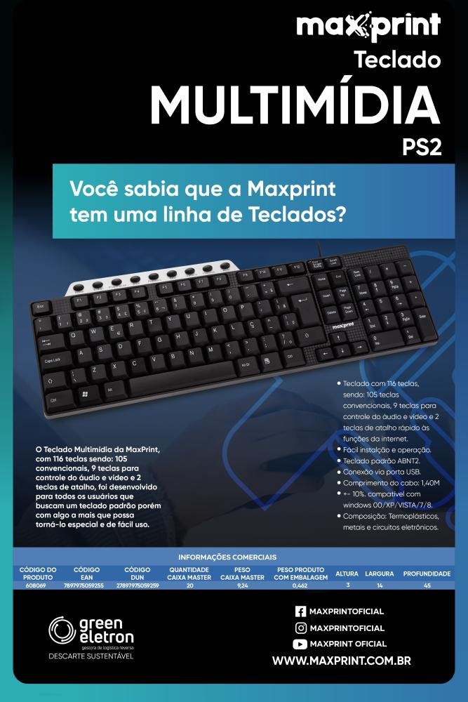 Teclado Multimídia PS2 PR/PT Maxprint | MadeiraMadeira