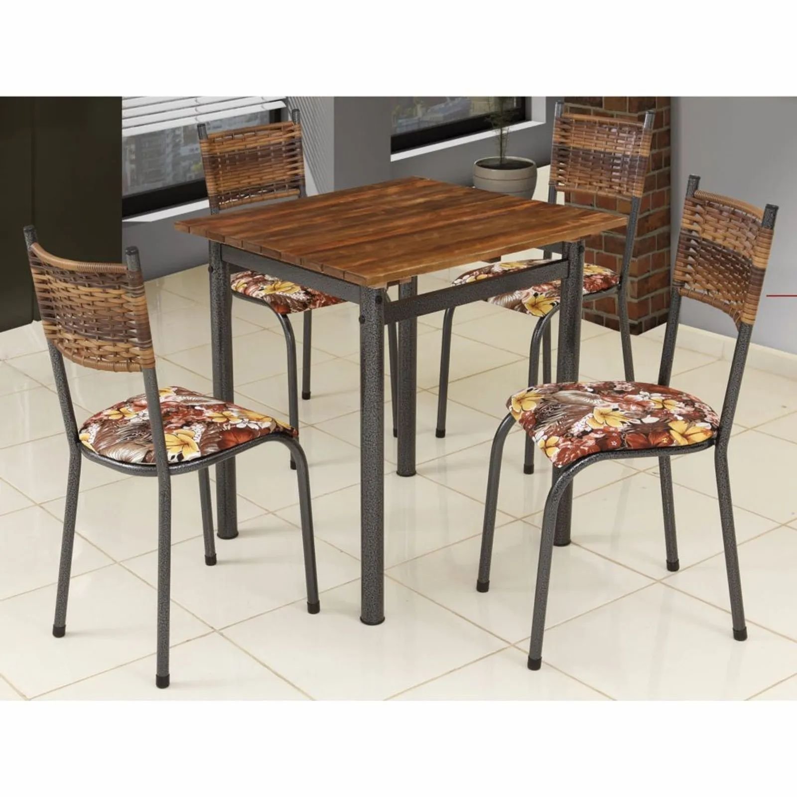 Conjunto de mesa Tubular Mirella com 4 cadeiras 75x75 Tampo Madeira ...