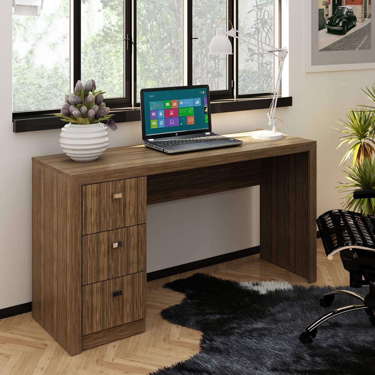 Mesa para Escritório ou Escrivaninha 1,36m com 3 Gavetas Várias Cores ...