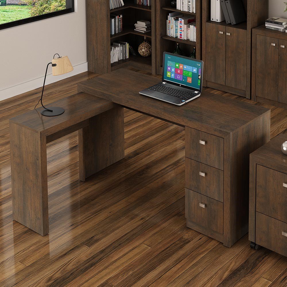 Mesa Em L Para Escritório 3 Gavetas ME4101 Rústico - Tecno Mobili | MadeiraMadeira