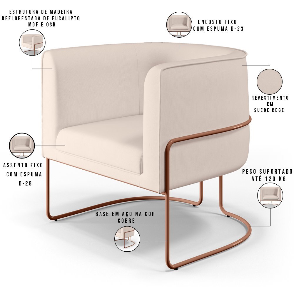 Kit 02 Poltronas Decorativas Fixa Base de Aço Cobre Betina D02 Veludo ...