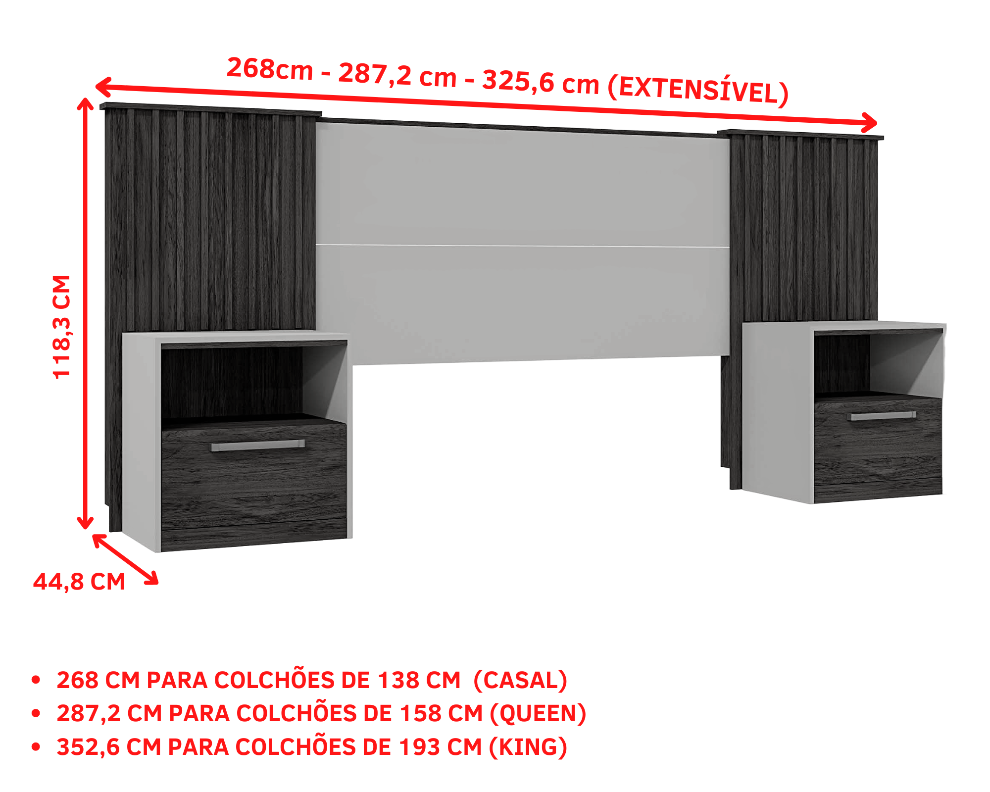 Cabeceira De Cama Extensível 2 Mesas com Gaveta Ripado 140/193 Lucius Havana/Off White ...