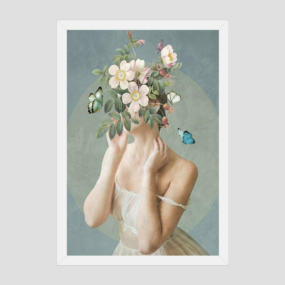 Quadro Moça E Flores Vinil Moldura Branca 45X30Cm | MadeiraMadeira