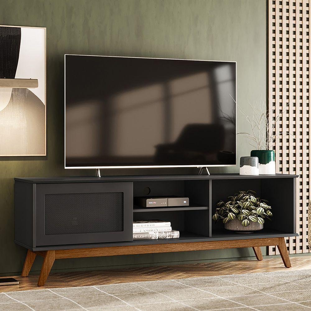 Rack Retrô Para Tv 60 Polegadas Panama - Preto Acetinado - Cor: Preto | MadeiraMadeira