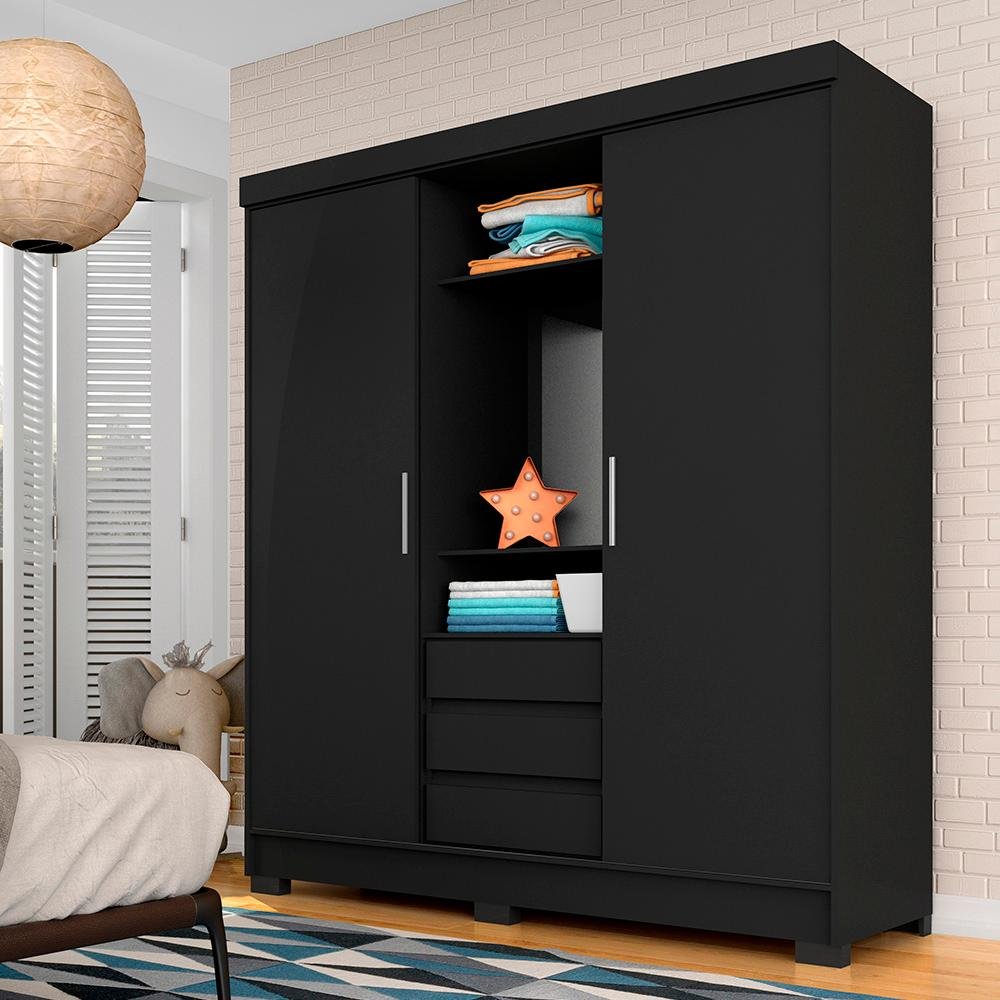 Guarda Roupa com Espelho 3 Gav Virginia Preto Fosco - Móveis Arapongas ...