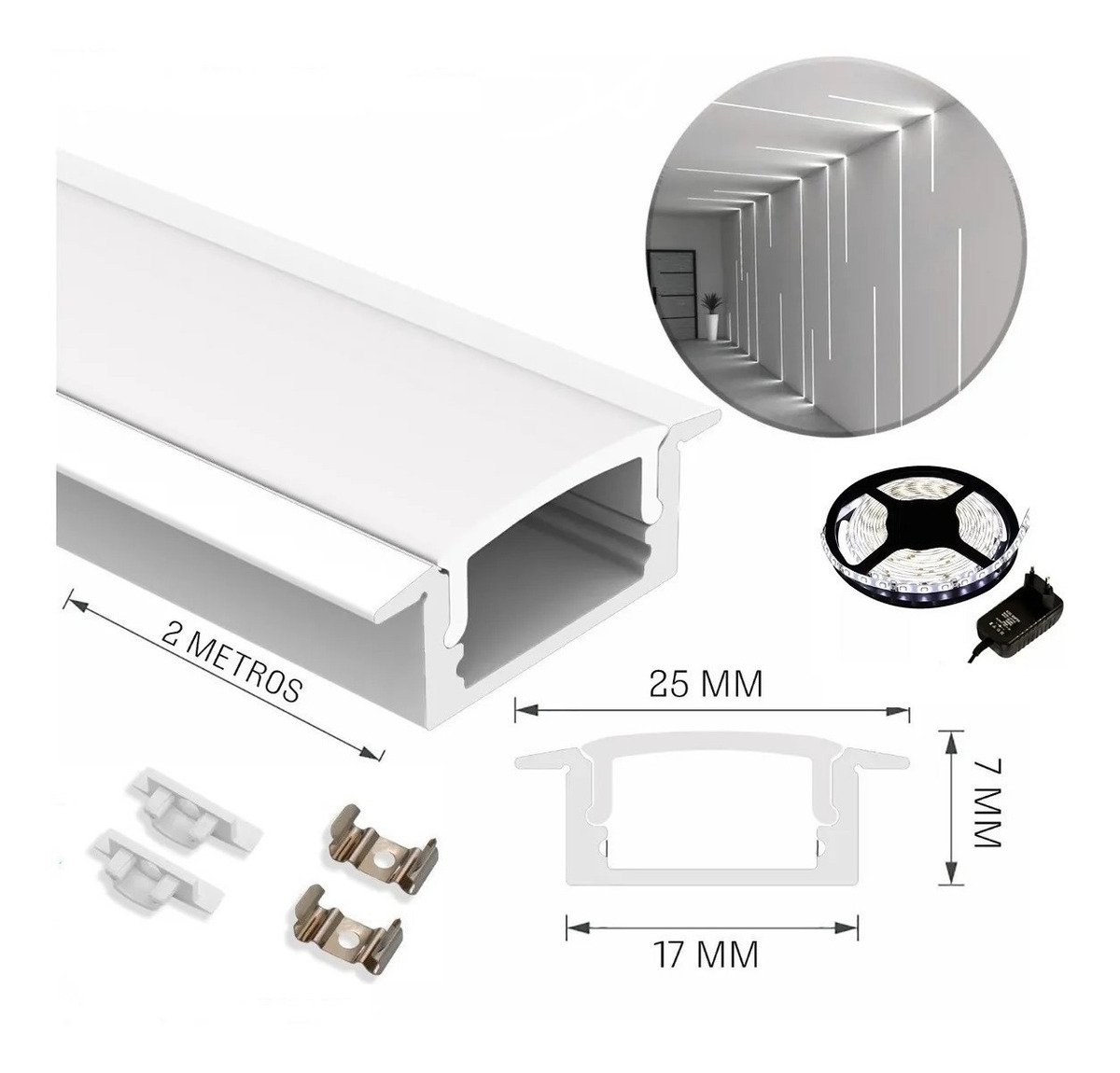 Perfil Alumínio Branco Embutir + Fita Led Frio + Fonte 2m | MadeiraMadeira