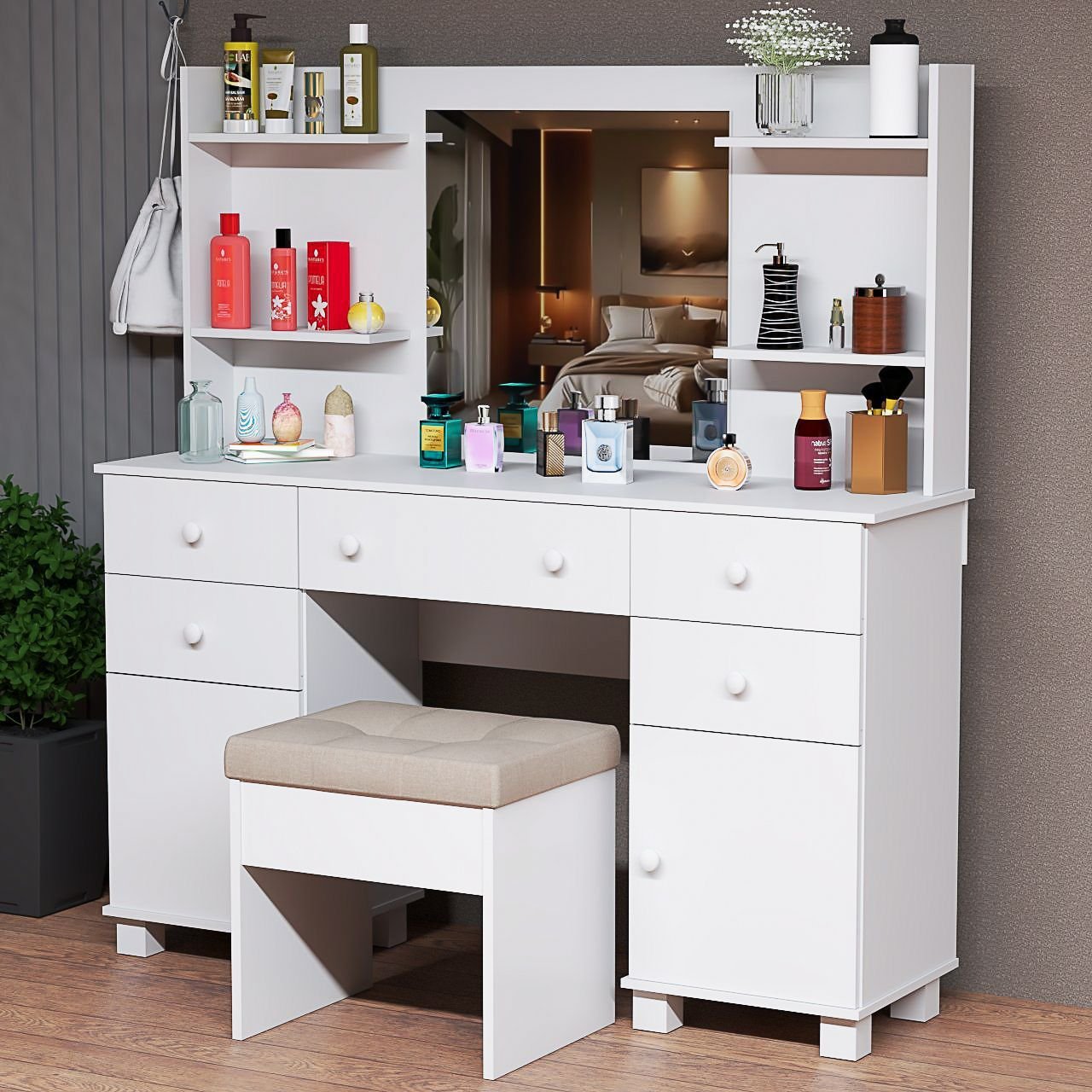 Penteadeira com Banqueta Estofada Infanto-juvenil Branco em Mdf 5 Gavetas 2 Portas | MadeiraMadeira