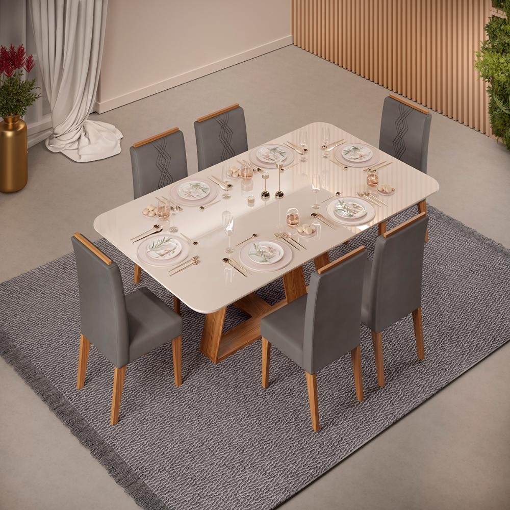 Conjunto Sala de Jantar Mesa Tampo Vidro 6 Cadeiras DJ Móveis Carvalho Kiara Lunar Yasmin ...