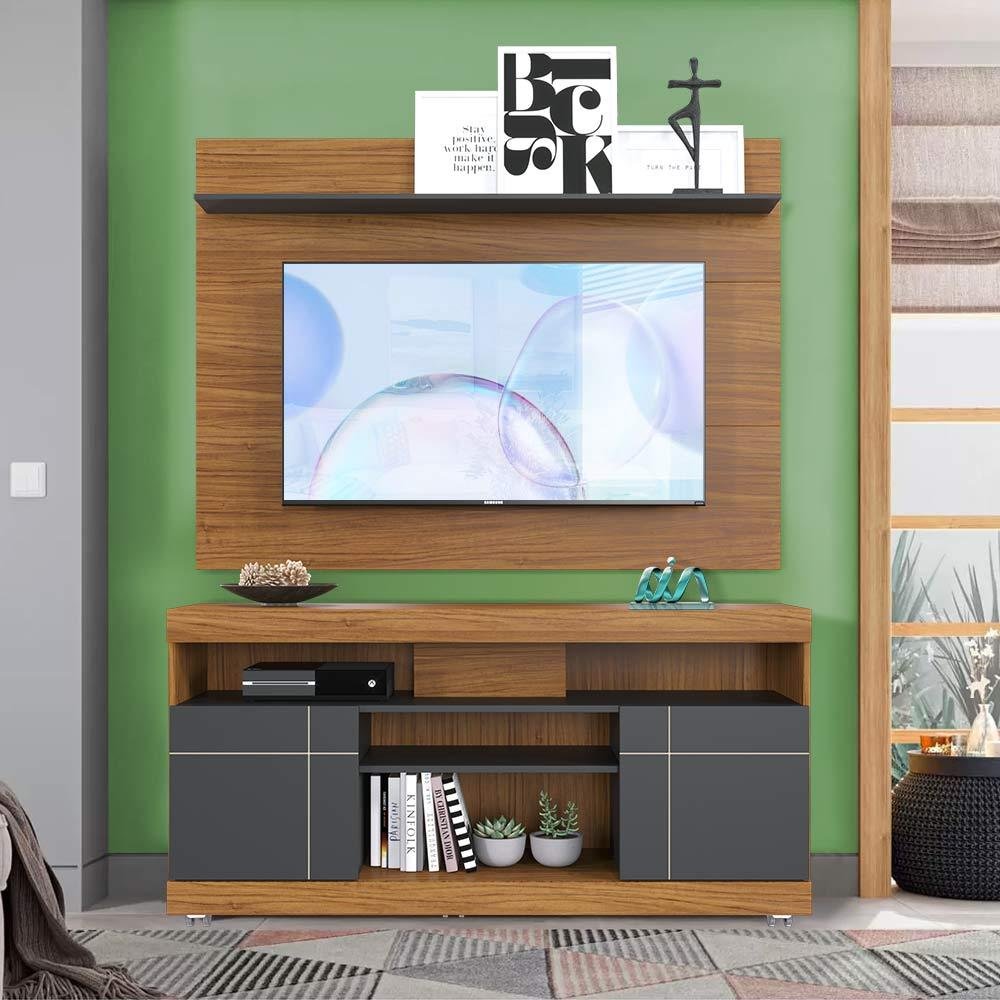 Rack Com Painel Para Sala TV Até 43 Polegadas Noce Milano Preto Fosco ...