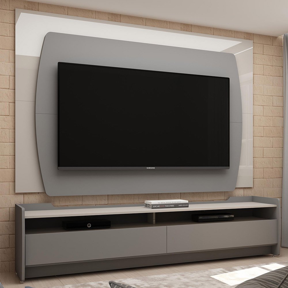 Painel com Rack Sublime 180 Cinza Off White - Gelius | MadeiraMadeira