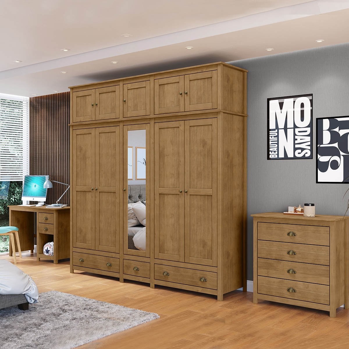 Conjunto Quarto: Guarda-roupa 10 Portas, Escrivaninha, Cômoda 4 Gavetas ...