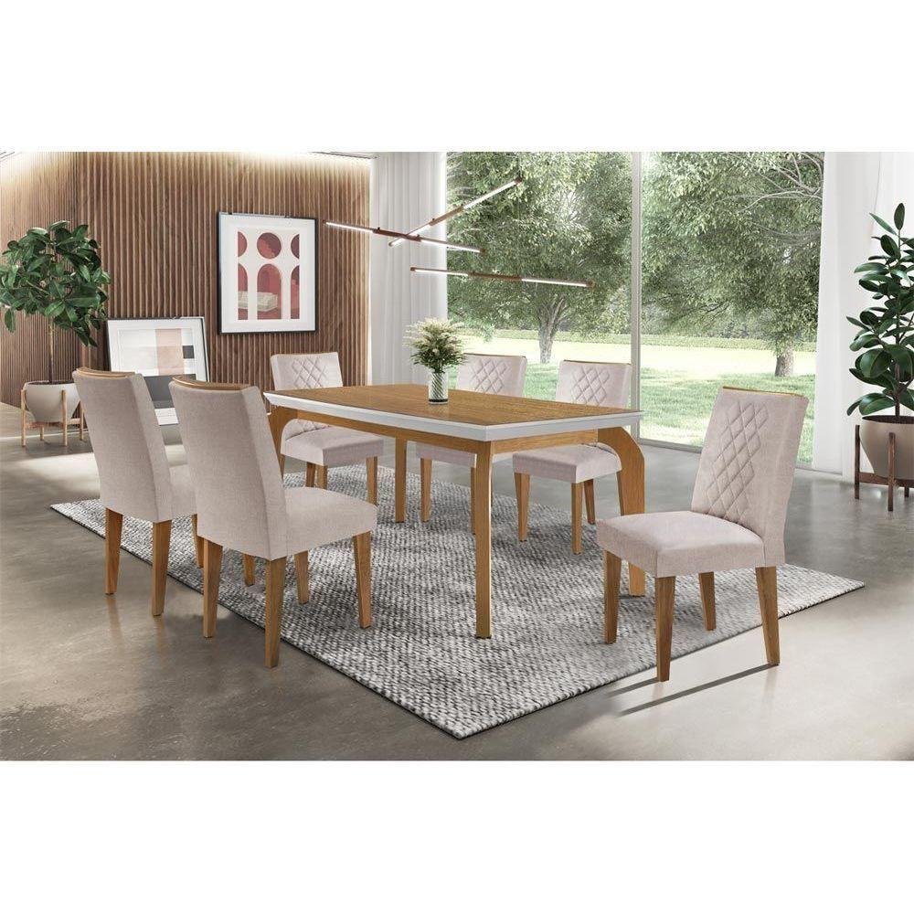 Sala de Jantar Completa Londrina Tampo Madeirado com Vidro 180x90cm e 6 Cadeiras Jade Capuccino ...