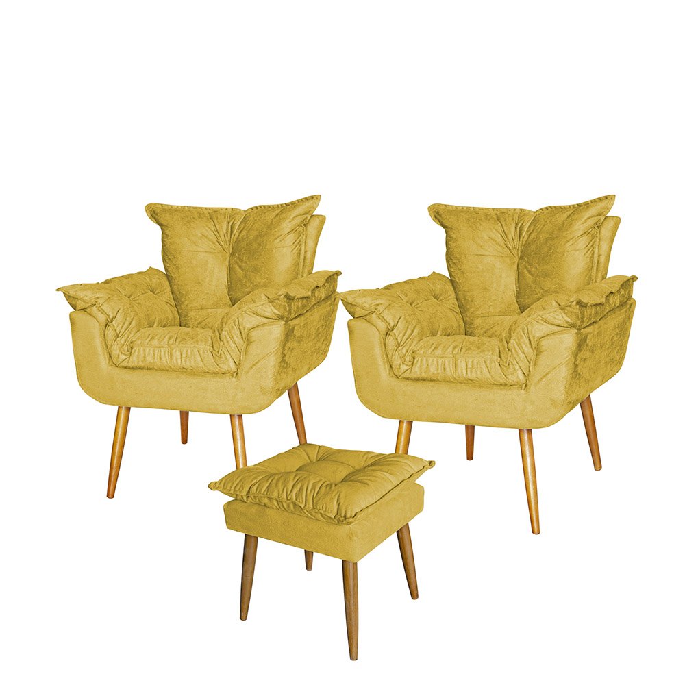 kit 2 Poltronas + Puff Opala Decorativo Pé Palito Sala e Recepção Suede ...
