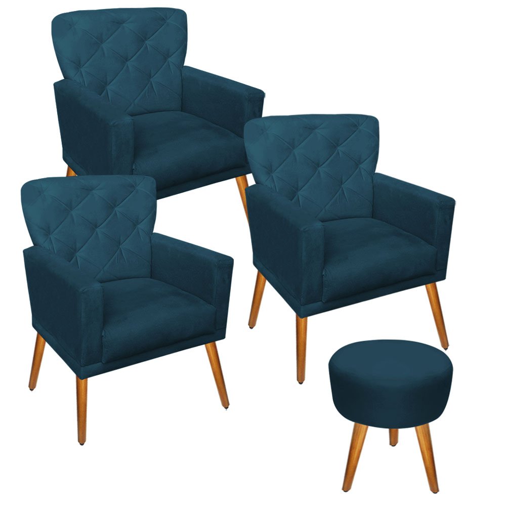 Kit 3 Poltrona Cadeira Decorativa Ana + Puff Suede Azul Marinho ...