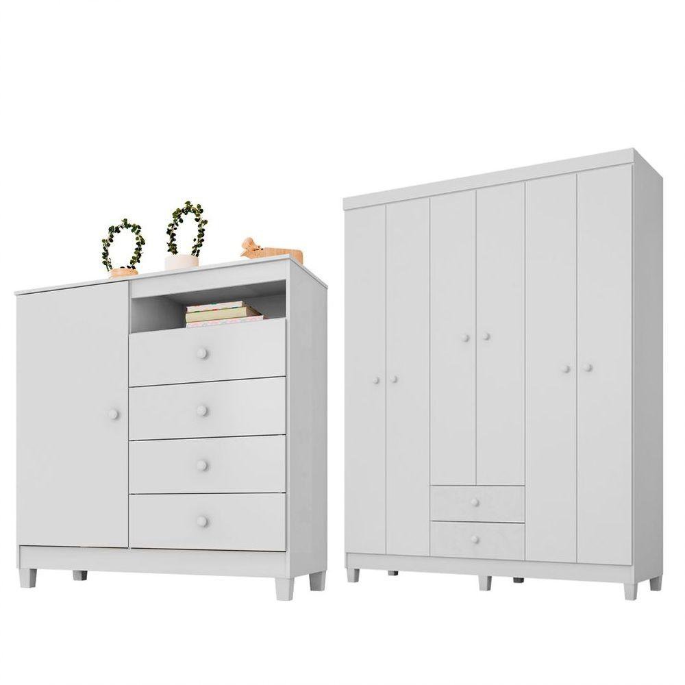 Guarda Roupa Infantil 6 Portas Com Cômoda Branco | MadeiraMadeira