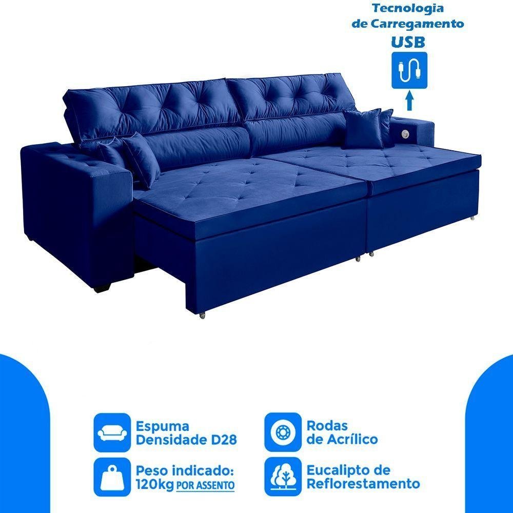 Sofá 3 Lugares Smart 202cm Azul Retrátil Carregamento Usb | MadeiraMadeira