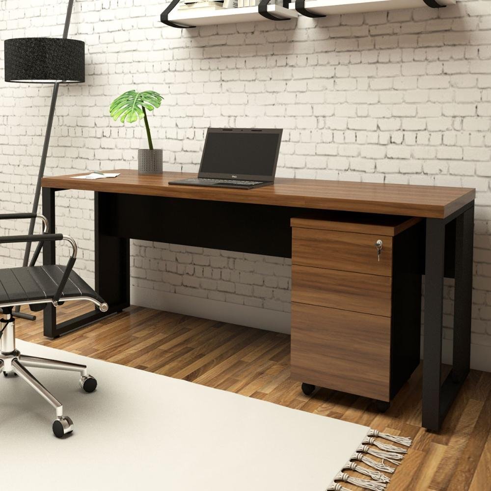 Mesa Escrivaninha Industrial 170cm com Gaveteiro e Pés Metal Cor:nogal ...