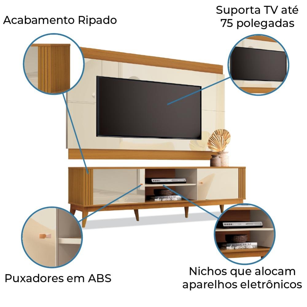 Rack Bancada com Painel para TV de até 75 Polegadas 2,00m Legacy Off White/ Cedro | MadeiraMadeira