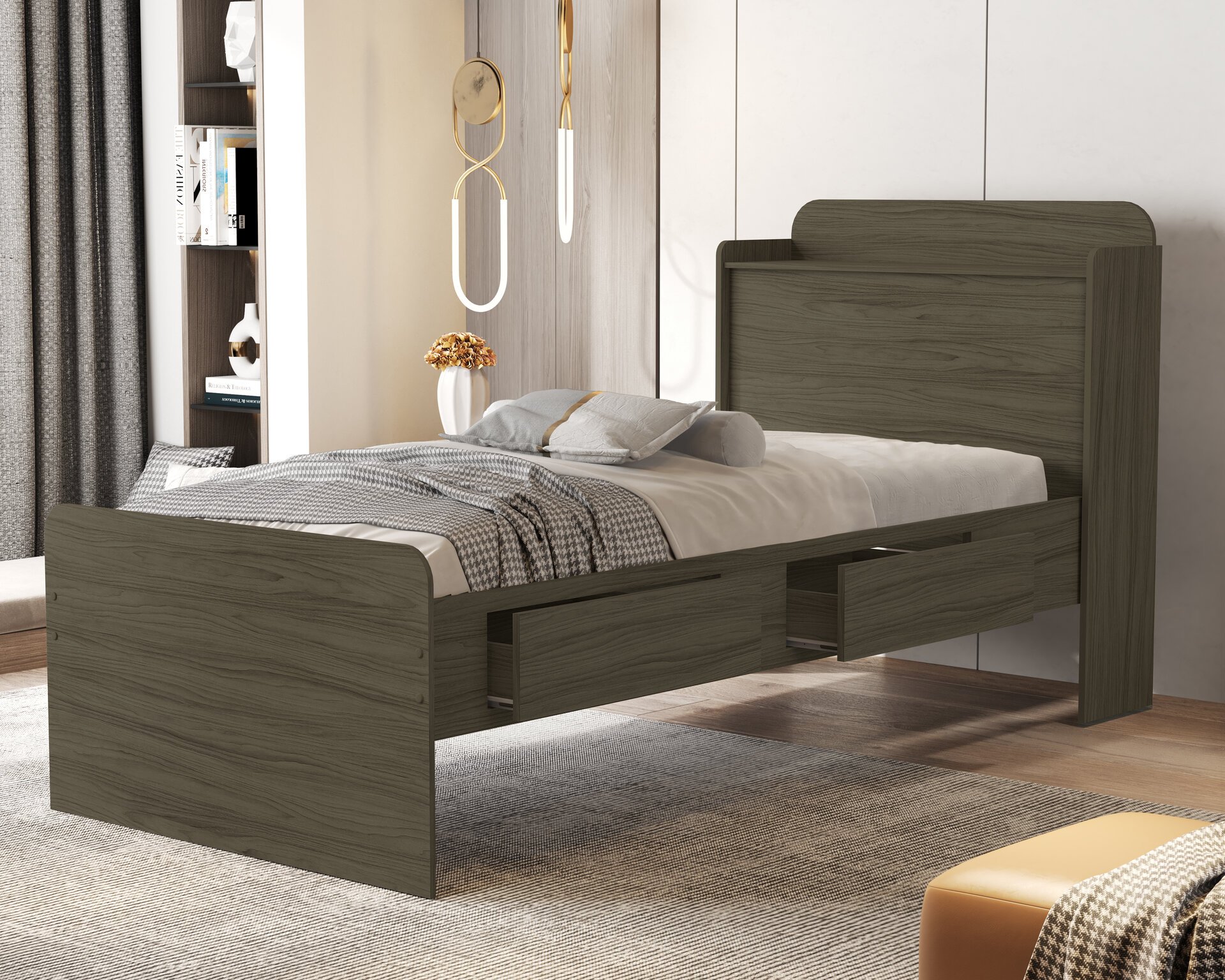 Cama Solteiro Tamires com Gavetas Prateleira e Bau para Quarto Moderna ...