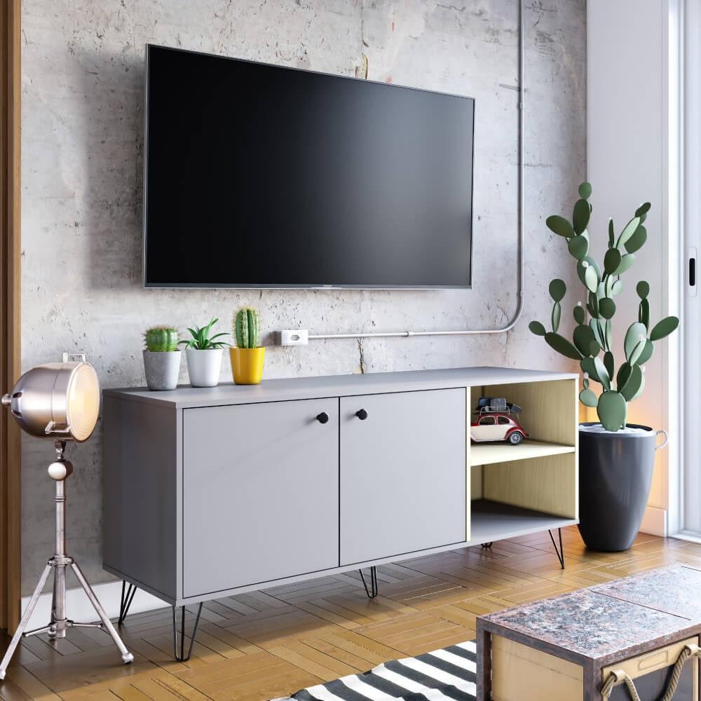 Rack Ica com 2 Portas e 2 Nichos - Cinza/Natural | MadeiraMadeira