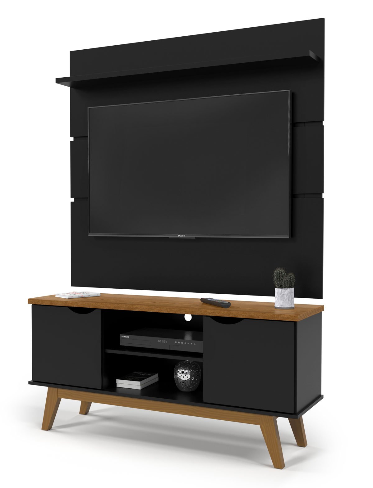 Rack com Painel Prism 1.4 Preto Acetinado com Cumarú - Patrimar Móveis ...