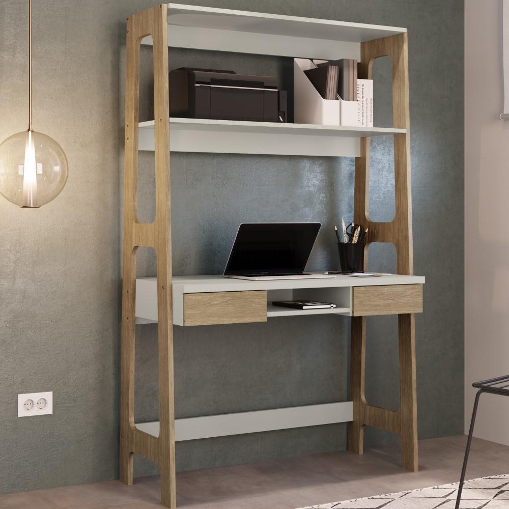Escrivaninha Estante Quarto MDF 2 Gavetas Branco Marrom | MadeiraMadeira