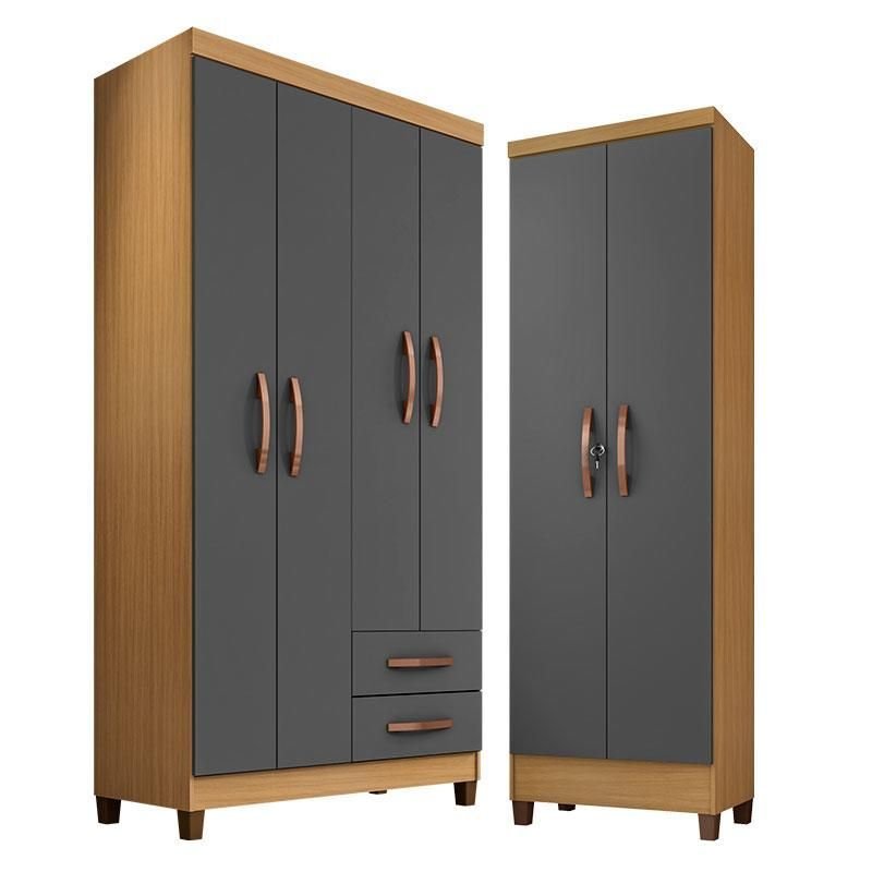 Guarda Roupa Solteiro Modena 4 Portas e Armário Multiuso Egito Carvalho Americano Grafite ...