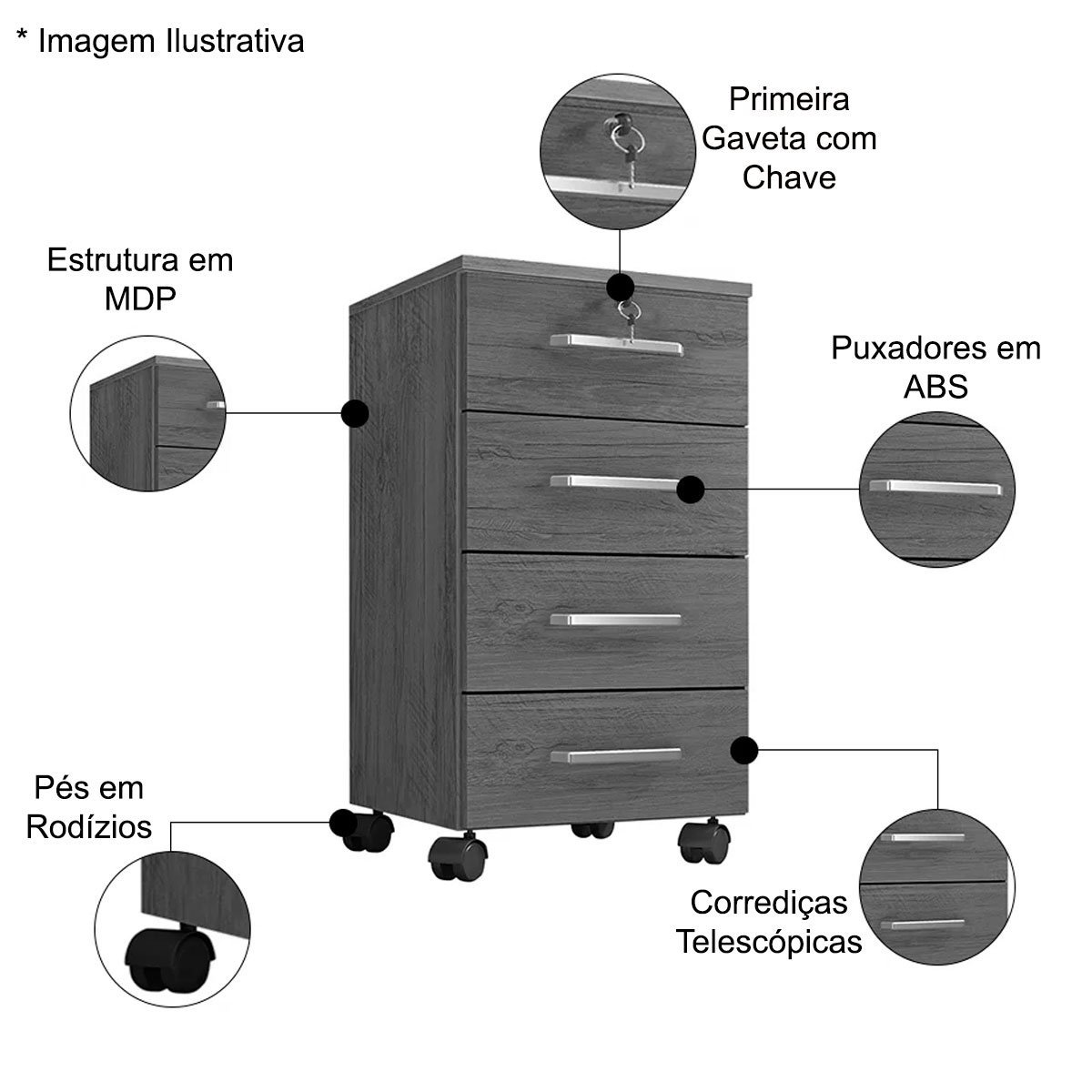 Kit 3 Gaveteiros para Escritório com Chave e Rodízios 4 Gavetas Gávea ...