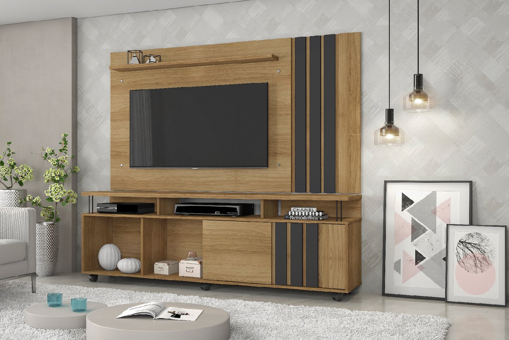 Rack com Painel para TV até 70 Polegadas Atraente JCM Móveis Noronha / Grafite | MadeiraMadeira