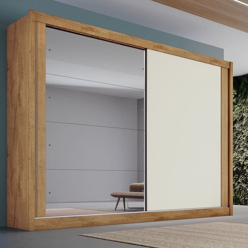 Guarda Roupa Casal com Espelho 2 Portas 4 Gavetas - Creta-amêndoa/off ...