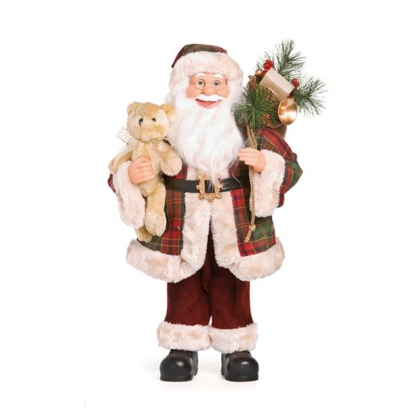 Boneco de Papai Noel Xadrez Segurando Presente e Urso 60cm | MadeiraMadeira