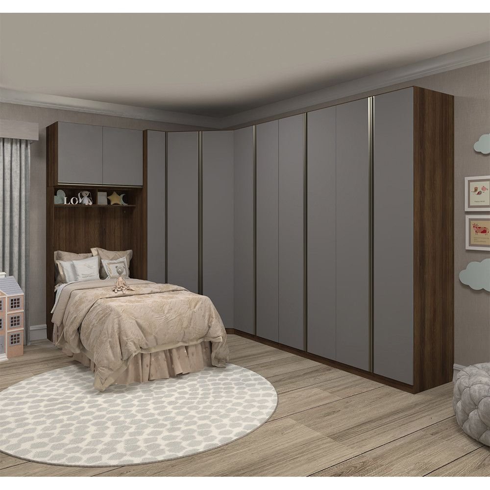 Guarda Roupa de Canto Solteiro 11 Portas 9 Gavetas Nogueira Dourado com ...