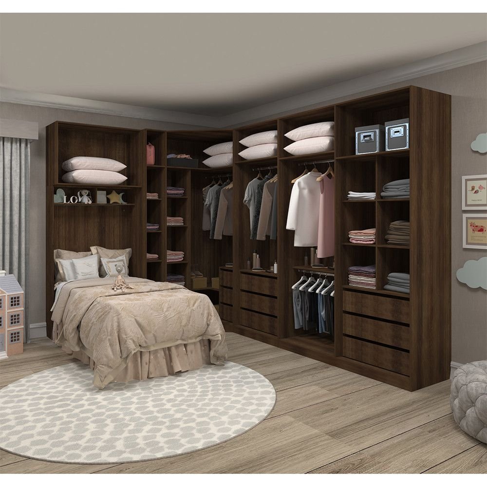 Guarda Roupa de Canto Solteiro 11 Portas 9 Gavetas Nogueira Dourado com ...