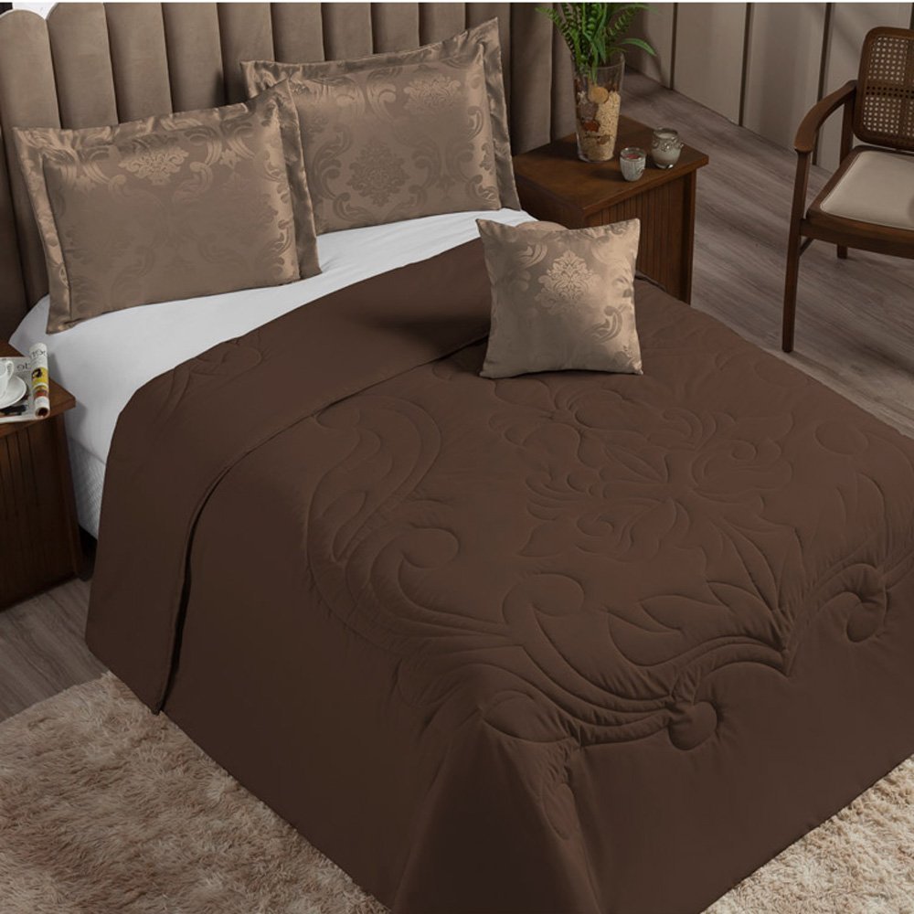 Kit Edredom Acordes Queen Jacquard Microfibra 5 Peças - Tabaco ...