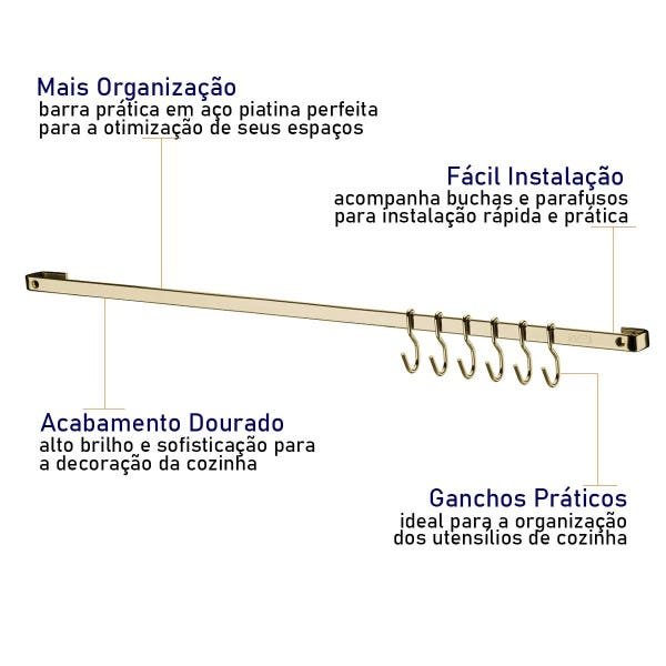 Barra Piatina de Cozinha Porta Utensílios 30cm Com 6 Ganchos - Dourado ...