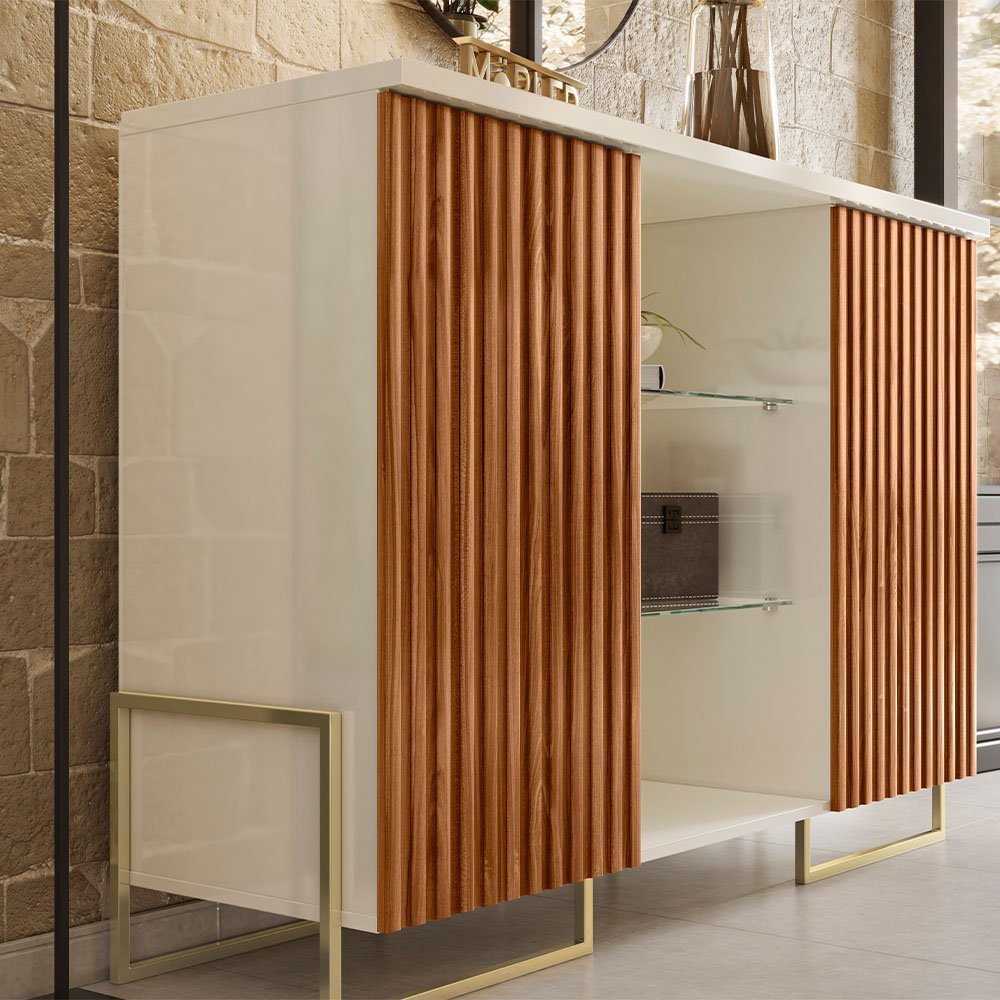 Balcão Buffet Aparador Decorativo 130cm Palestra Ripado MDP/MDF Mel/Off ...