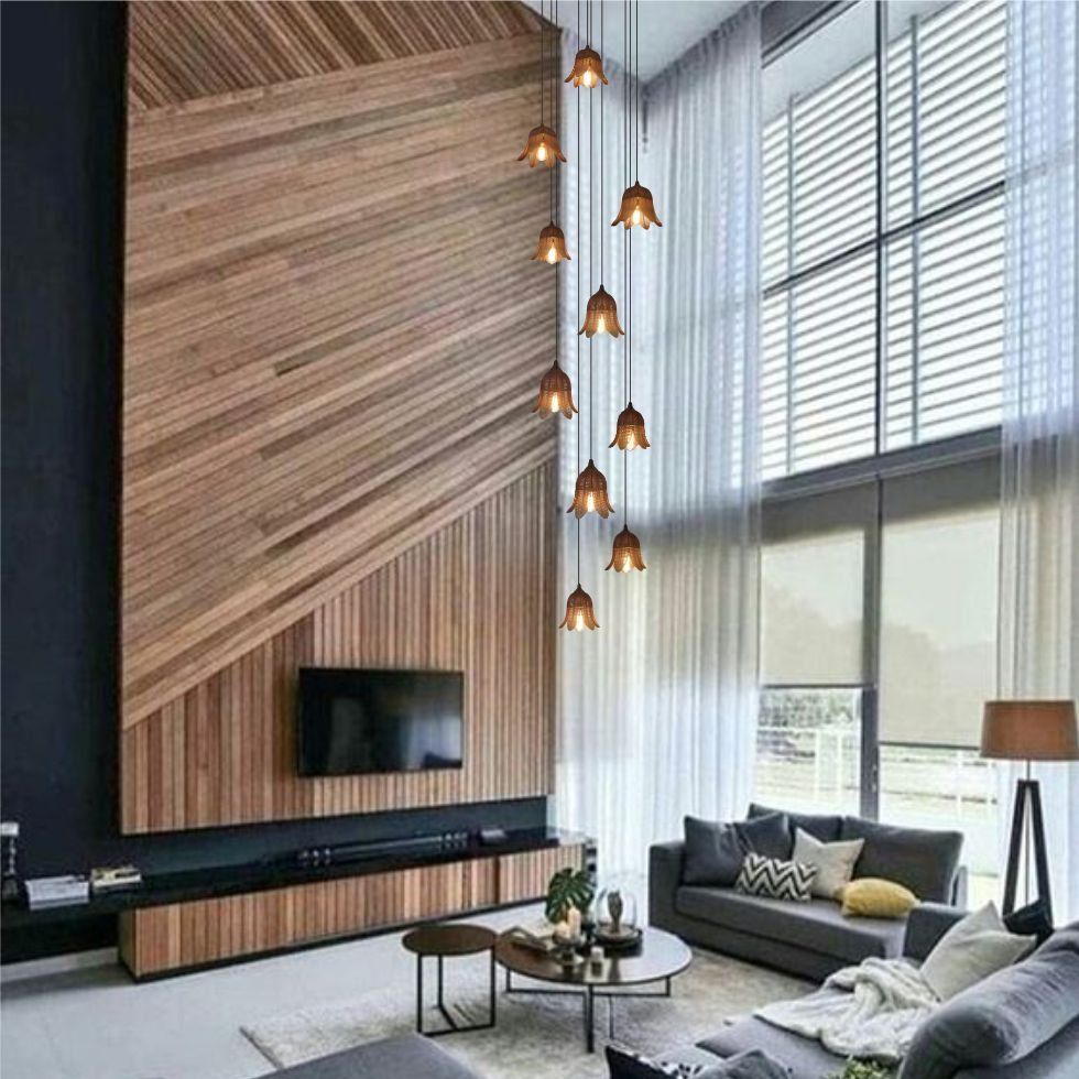 Lustre Pendente Para Sala Pé direito Alto Duplo Flora Marrom ...