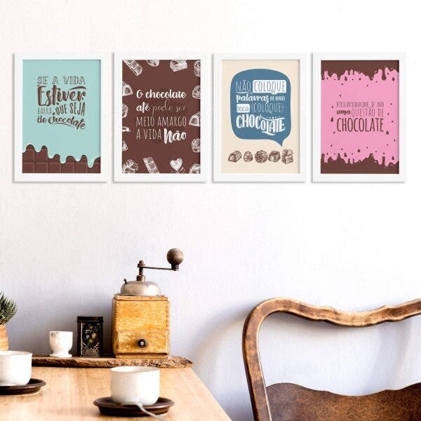 Quadros Frases Chocolate Moldura Branca 33x43cm 4un | MadeiraMadeira